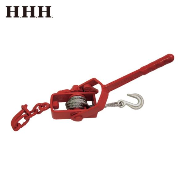 HHH 荷締機|特長:軽い力で作用し、能率的な荷締めができます。 ギアは特殊鋼を使用し強力です。 フック、爪、レバーは特殊鋼鍛造で安全です。