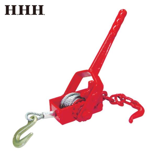 HHH 荷締機|特長:軽い力で作用し、能率的な荷締めができます。 ギアは特殊鋼を使用し強力です。 フック、爪、レバーは特殊鋼鍛造で安全です。