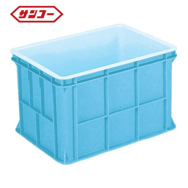 サンコー ボックス型コンテナ|特長:厚肉インジェクション成形により、優れた耐久性を示します。 内面は平滑でコーナー部も広いため、洗浄性に優れています。 回転式フォークリフトを使用できます。