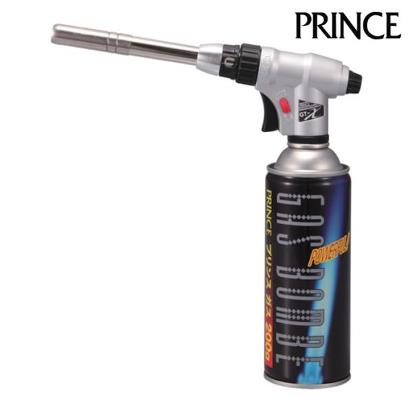PRINCE ガストーチ|特長:縦、横、逆さ、どんな角度でも安定した炎です。 誤作動防止スイッチ・連続放炎スイッチを装備しています。 先端ノズル(別売)を交換することで、様々な炎が使用できる脱着方式を採用しました。