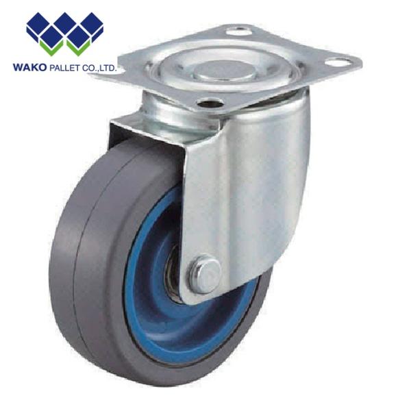ワコーパレット プレート式ゴムキャスター|特長:軽く動き疲労が軽減できます。 自重が軽く搬送時のスムーズな動きにより作業性も向上します。 弾性があるため振動が少なく台上の荷物を保護します。