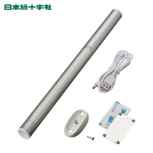 緑十字 LEDハンドライト(充電式)|特長:タッチスイッチひとつで、電源のオンオフ、照明切り替え、明るさ調整ができます。 付属のマグネット付ベースホルダーを設置することで本体の取り付け、取り外しが簡単にできます。