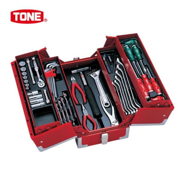 TONE 整備用工具セット|特長:自動車整備向けに、欠かせない工具を厳選した工具セットです。 天面フラットV形3段式メタルケース、全段プラスチックトレー付きです。