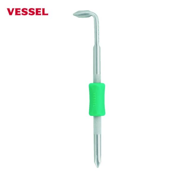 VESSEL オフセット式ドライバー|特長:狭い箇所に適した短軸仕様です。 L型のコーナーをフラットにすることで極限の短軸曲げを実現しました。 フラット部分は使うとき指を添えると安定し、力が入れやすい形状です。