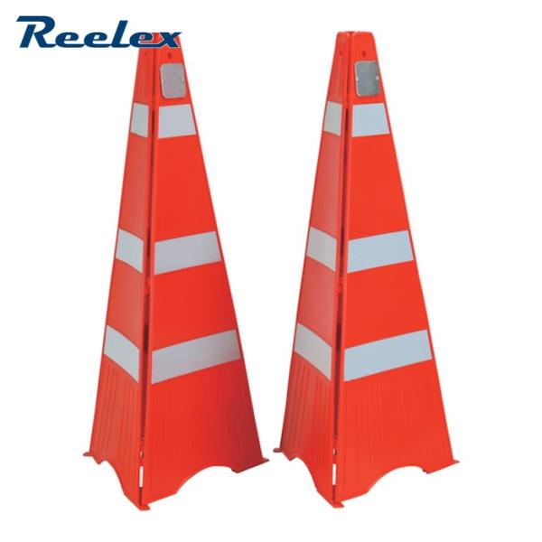 Reelex ガードテープ|特長:折りたたみ式コーンでコンパクトに収納可能です。 バリアリールminiが取付可能なスチールプレート付です。