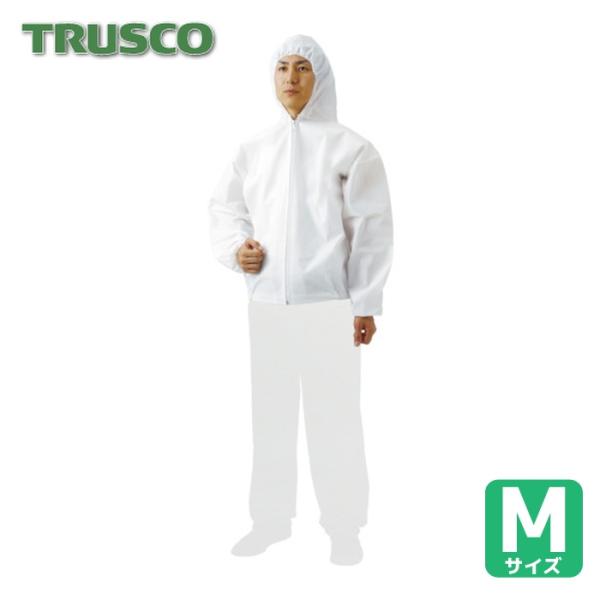 TRUSCO 使い捨て保護服|特長:前部は、表面コートしていますので油汚れやホコリが付きにくく浸透も防ぎます。 背面部は、通気性に優れ蒸れにくくなっています。 焼却処分しても有害ガスが発生しません。