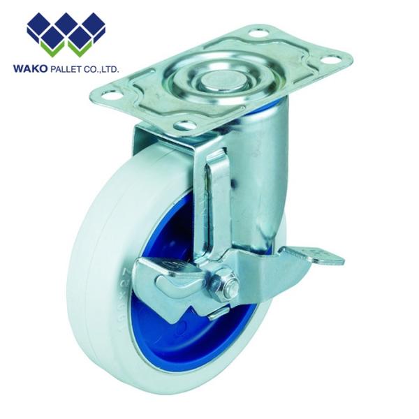ワコーパレット プレート式ゴムキャスター|特長:車輪にホワイトゴムを採用し、床面の汚れを防止しながらもゴム車輪の使いやすさを両立しました。 超特殊鋼フレームにより軽量と高耐久を実現しました。 クリーンルーム内などでのご使用に最適です。