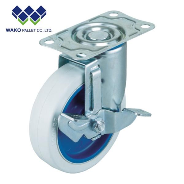 ワコーパレット プレート式ゴムキャスター|特長:車輪にホワイトゴムを採用し、床面の汚れを防止しながらもゴム車輪の使いやすさを両立しました。 超特殊鋼フレームにより軽量と高耐久を実現しました。 クリーンルーム内などでのご使用に最適です。