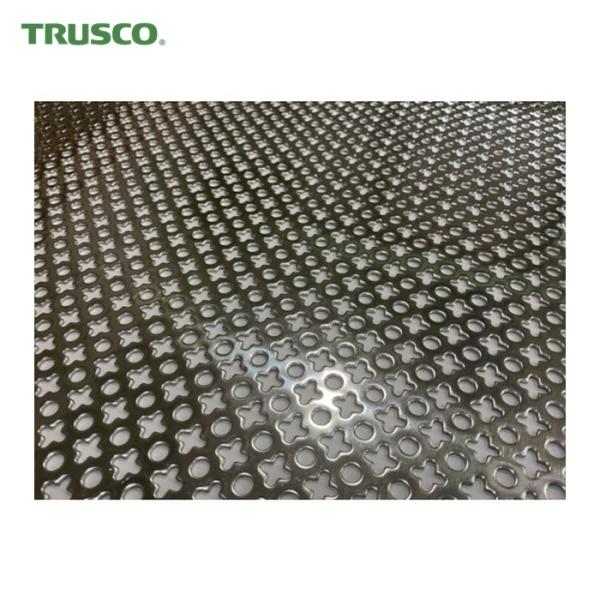 TRUSCO パンチングメタル|特長:パンチングプレスの金型で規則的に孔を開けた金属板です。 表面が平面であるため、耐摩耗等の耐久性が高く目が崩れることもありません。 450mm角サイズにカットされています。
