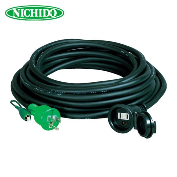 NICHIDO 延長コード(防雨型)|特長:ポッキンプラグ付なので、2芯・3芯のどちらでもアダプターなしに差し込めます。 アース付なので万一漏電が起きても安心です。 (工具が絶縁不良になった時、漏電電流を大地に逃がし感電しないようになります...