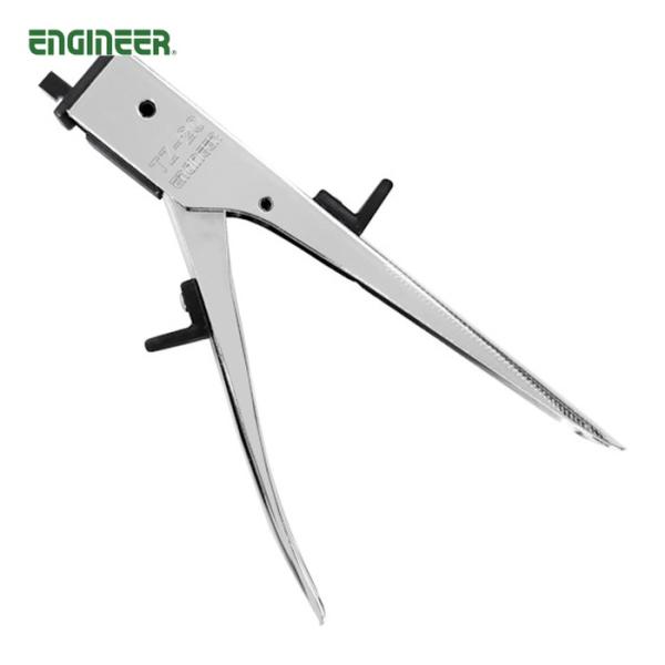 ENGINEER ハンドニブラー|特長:金属板を自在に切り抜き、切断できる金属切断工具(ハンドニブラー)です。 切り口の変形が少なく、綺麗に切断できます。 直線や曲線、角穴、丸穴の加工が簡単にできます。