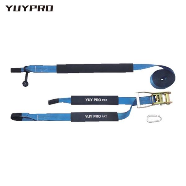 YUYPRO ベルト荷締機|特長:固定ベルト1本に対し0。 7mと1mが一緒になった二股ベルトです。 どちらかのベルトを使用し、荷締め金具が荷物にあたる場合はもう片方のベルトに付け替える事で、荷締め金具と荷物との接触を回避する事ができます。