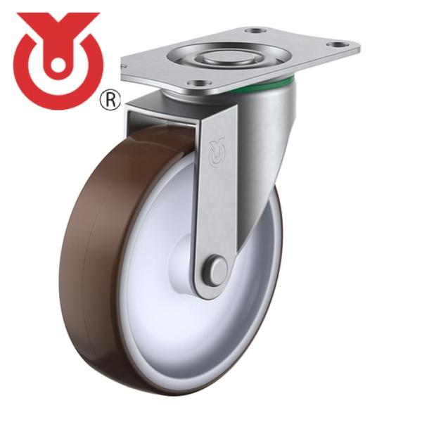 ユーエイ プレート式ステンレス金具キャスター(ウレタン車)|特長:耐水性、耐食性に優れたオールステンレス製金具を使用した標準的な小型キャスターです。 食品、薬品などを扱う水回りやサビを嫌う場所に最適です。