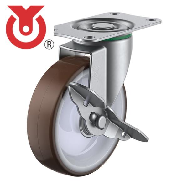 ユーエイ プレート式ステンレス金具キャスター(ウレタン車)|特長:耐水性、耐食性に優れたオールステンレス製金具を使用した標準的な小型キャスターです。 食品、薬品などを扱う水回りやサビを嫌う場所に最適です。