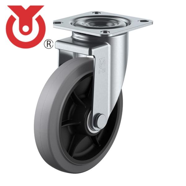ユーエイ プレート式ゴムキャスター|特長:取付ピッチが自在、自在ストッパー付、固定式共に同一です。 床面を汚しにくいグレー車輪を使用しています。