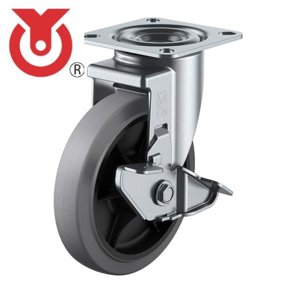 ユーエイ プレート式ゴムキャスター|特長:取付ピッチが自在、自在ストッパー付、固定式共に同一です。 床面を汚しにくいグレー車輪を使用しています。