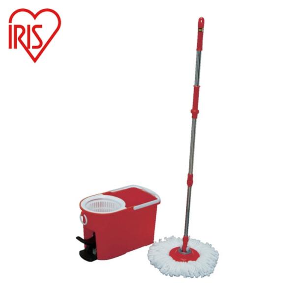 IRIS 回転式モップ|特長:ペダルを踏むだけで脱水できるので、手を汚さず衛生的です。 モップの洗浄もペダルを踏むだけで可能です。 (KMO・450BLを除く)・マイクロファイバーモップで、水拭きでもから拭きでも、しっかり汚れをキャッチします。