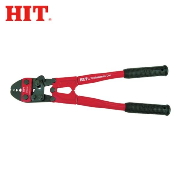 HIT ワイヤロープ用圧着工具|特長:かしめ部は特殊鋼の鍛造品で熱処理を施し、耐久性を追及しました。 左右の圧着部で確実にかしめられるよう圧着部の山部のすき間をなくしています。 ハンドルはトグル機構で確実にかしめていただけます。
