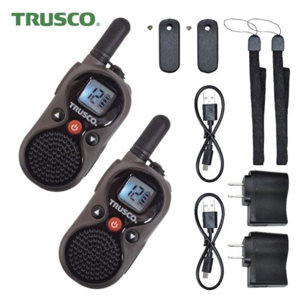 TRUSCO 特定小電力トランシーバー|特長:手のひらサイズの超コンパクトボディの特定小電力トランシーバーです。 1台の重さは電池込みでも約48gと非常に軽量です。 すぐに使える2台セットで、専用バッテリー、充電ケーブルに充電用ACアダプタ...