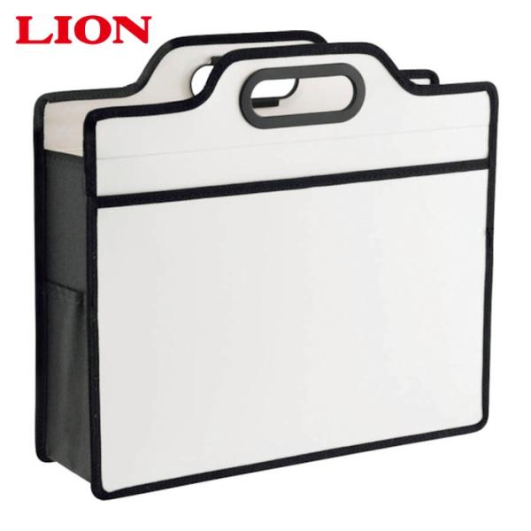 ライオン 書類用バッグ|特長:側面が布製で使わないときは折りたためる社内移動用バッグです。 両側面にはペンや携帯電話などの小物収納に便利な布製ポケット付です。 正面にはクリアホルダーやパンフレットなどを収納できる薄型ポケット付です。