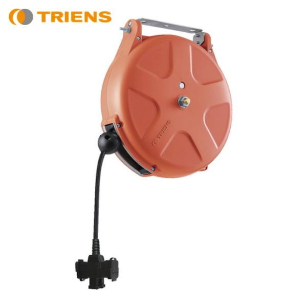 TRIENS 取付型自動巻取リール|特長:接地付三ツ口コンセントコードリールです。 着脱が容易な取り付けベースを採用しました。 必要に応じた首振り機能付です。