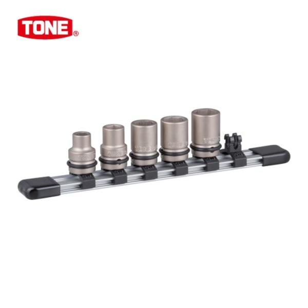 TONE インパクト用ソケットセット|特長:外観品質の向上と防錆力向上を図り、表面処理を無電解メッキにしました。 ソケットの取り外しが容易なアルミタイプのソケットホルダで作業効率がアップします。