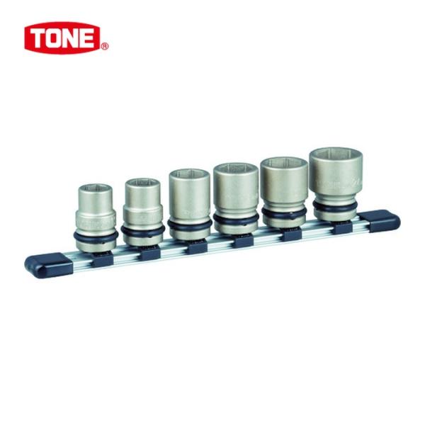 TONE インパクト用ソケットセット|特長:外観品質の向上と防錆力向上を図り、表面処理を無電解メッキにしました。 ソケットの取り外しが容易なアルミタイプのソケットホルダで作業効率がアップします。