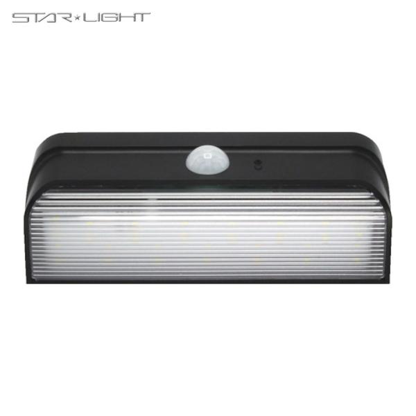 STARLIGHT 防犯用センサーライト|特長:暗い時に人の動きを検知して約15秒自動点灯します。 ソーラー充電タイプなので、コンセントのない場所に設置できて、電気代・メンテナンスフリーです。