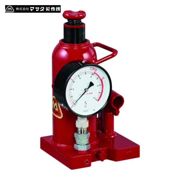 MASADA 油圧ジャッキ|特長:圧力計が取り付けられた計量用ジャッキです。 圧力計には荷重表示(tonまたはkg)、内圧表示(MPa)が併記しています。 荷重の計量ができるため、破砕試験器や理科機器用プレスなどに利用できます。