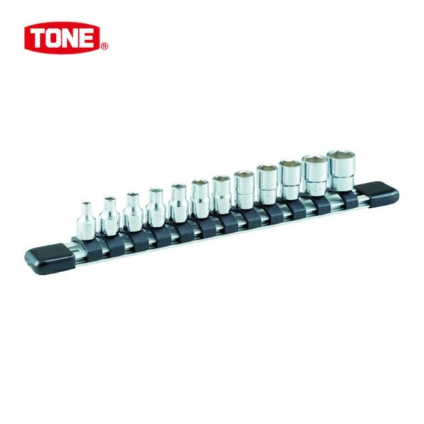 TONE ソケットセット(インチ)|特長:ソケットの取り外しが容易なアルミタイプのソケットホルダで作業効率がアップします。 ねじ穴付で壁掛け、デスク固定が可能です。 産業機械・自動車などの整備に必要な工具を厳選したセットです。