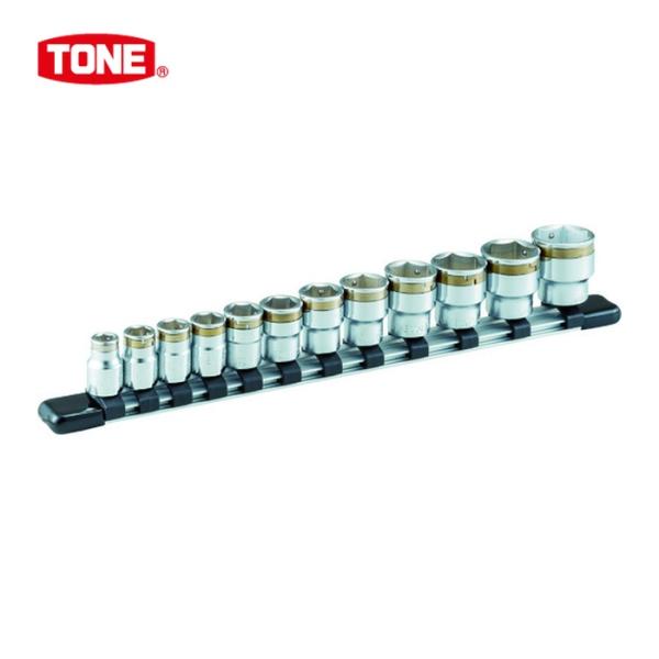 TONE ソケットセット|特長:ソケットの取り外しが容易なアルミタイプのソケットホルダで作業効率がアップします。 着脱作業時にボルト・ナット類の落下を防止します。 マグネット式ではないので、ソケットに鉄粉などが付着することはありません。