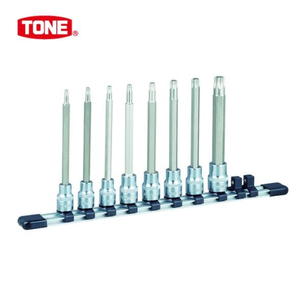TONE ヘックスローブソケットセット|特長:強力タイプのトルクス[[R下]]ソケット、ロングタイプです。 早回しに便利なローレット加工仕上げです。 ソケットの取り外しが容易なアルミタイプのソケットホルダで作業効率がアップします。