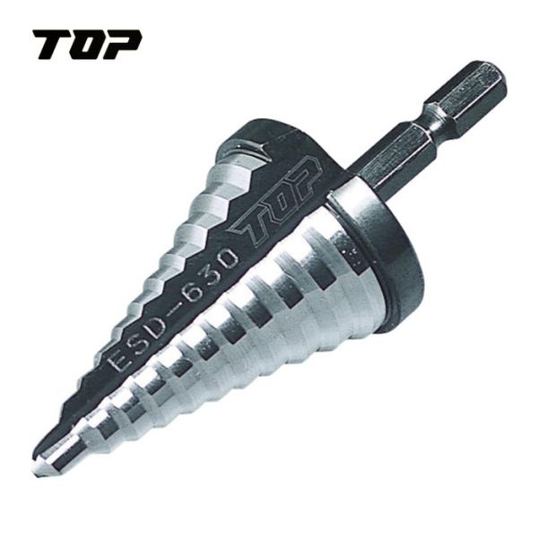 TOP ステップドリル(六角軸タイプ)|特長:色々なサイズの穴あけと穴の拡大修正に最適な切削工具です。 X型シンニング加工が施されており刃先が逃げません。