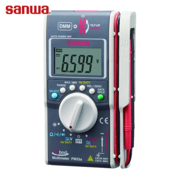 SANWA デジタルテスタ|特長:ポケットサイズのマルチメーターとクランプメーターの複合機です。 クランプはU字型、薄さ7mm、クランプ径Φ10mmで、0~180°まで角度変更可能です。 MIN/MAX値のホールド機能付です。