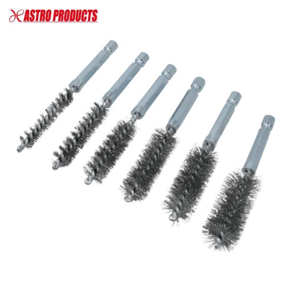 アストロプロダクツ 軸付ブラシ|特長:1/4HEX軸のステンレスワイヤーブラシセットです。 各ブラシ部径がΦ9、11、13、15、17、19mmの6種類あり、様々な穴径に対応することができます。 電動ドリルドライバーやエアドリルなどで使用し...