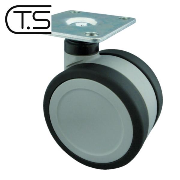トーシン プレート式双輪キャスター(エラストマー車)|特長:医療機器用に開発設計された大型双輪ウレタンキャスターです。