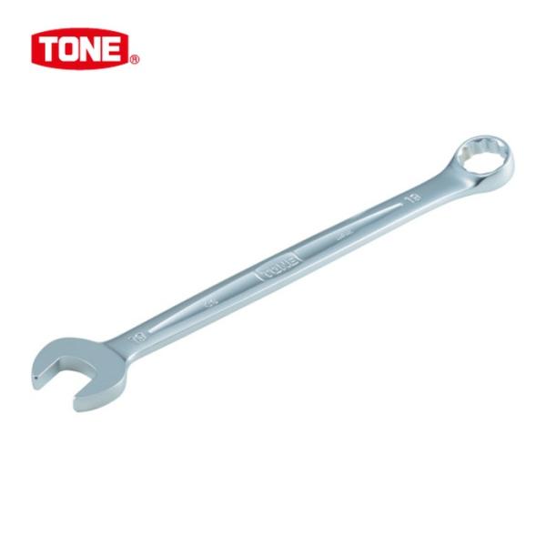 TONE コンビネーションスパナ|特長:スパナのスピードとめがねレンチの強さを兼ね備えています。 仮締めをスパナ側で、本締めはめがね側で行える1丁2役の機能工具です。 めがね部の柄の曲がり角度15°です。