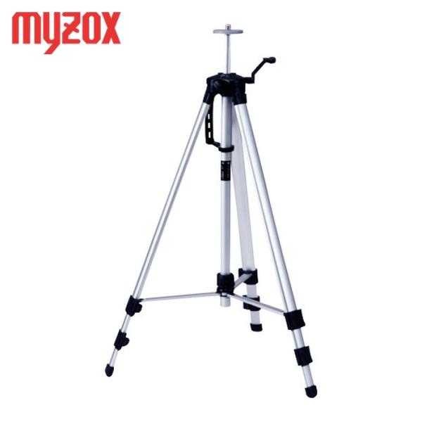 MYZOX レーザー墨出器用三脚|特長:持ち運びに便利な取手付です。 エレベータ昇降硬さ調整機構付です。 三脚転倒防止用バー搭載の安心設計です。
