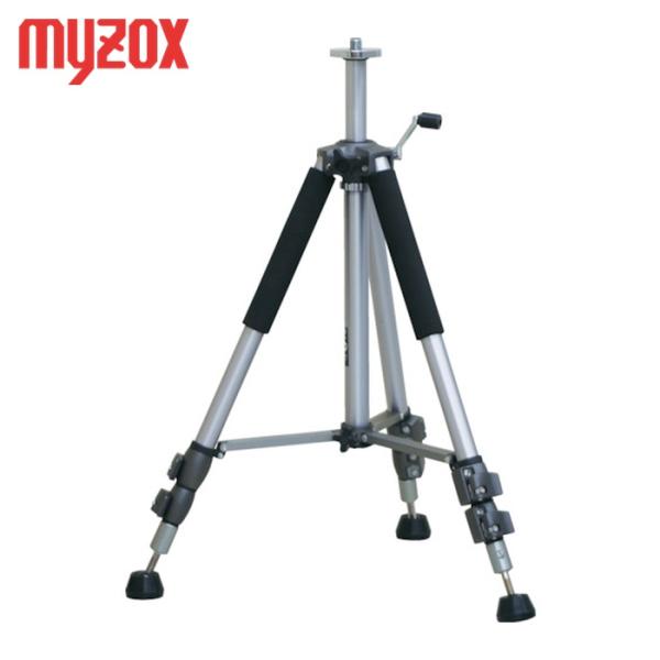 MYZOX レーザー墨出器用三脚|特長:メタリック仕上げです。 エレベータ昇降硬さ調整機構付です。 三脚転倒防止用バー搭載の安心設計です。