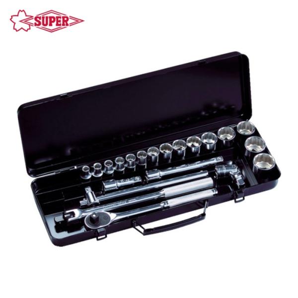 スーパー ソケットレンチセット|特長:産業機械や自動車などの整備に最適なセットです。 ラチェットハンドルはギヤ数72山、送り角5°を採用し、細かな送り速度で便利です。 プッシュボタンのワンタッチ操作でソケット交換ができます。