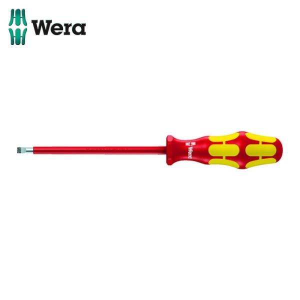 Wera 絶縁ドライバー|特長:先端のレーザーチップにより、ねじへの食いつきに優れています。 特殊なグリップ形状により、つかみやすさとフィット感を実現しています。 40°Cの低温環境下でも、水中でも絶縁性を確保しています。
