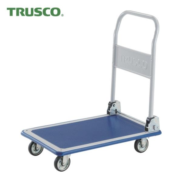 TRUSCO プレス製運搬車|特長:スタンダードタイプの折りたたみハンドルタイプで使用しない時は積み重ねて保管できます。 ハンドル下のバーを踏んでハンドルを前に倒すことで折りたたむことができます。