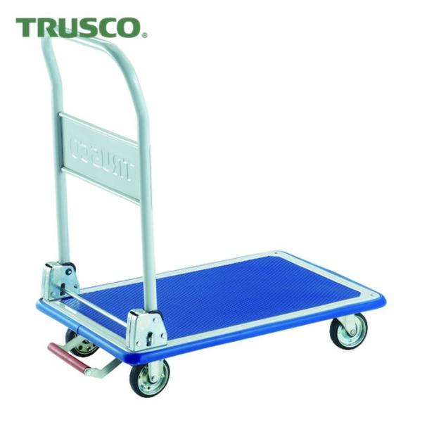 TRUSCO プレス製運搬車|特長:ピン式ブレーキで完全ロック、車輪がぬれても滑りません。 固定キャスター2輪にピンが入り完全に止まるタイプです。
