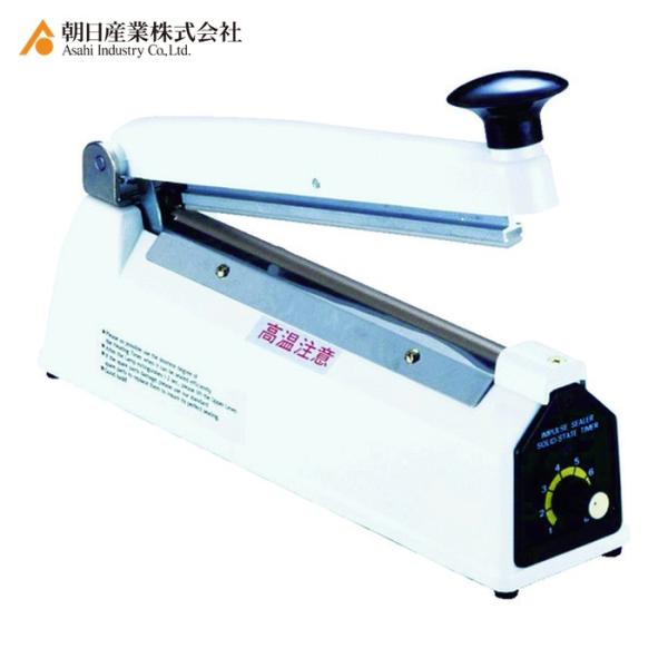 朝日 卓上シーラー|特長:レバーを押さえるだけの簡単なシーラ―です。 オプションの溶断ヒーターを取り付けることでシュリンク包装、製袋加工にも最適です。 レバーを押さえるだけで丈夫なシールができます。