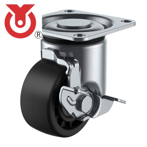 ユーエイ プレート式低床式キャスター(ナイロン車)|特長:取付高さを低く抑えた重荷重用キャスターです。 長期間の重荷重による車輪の変形を防げます。