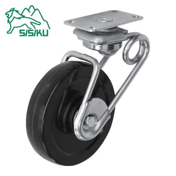 シシク プレート式緩衝キャスター(ゴム車)|特長:ユニークなスタイルで、フォークそのものがスプリングになっています。 トーションスプリングの採用で全方向からの衝撃・振動をやわらげ、なおかつ騒音の発生も減少させます。 緩衝することにより、旋回...