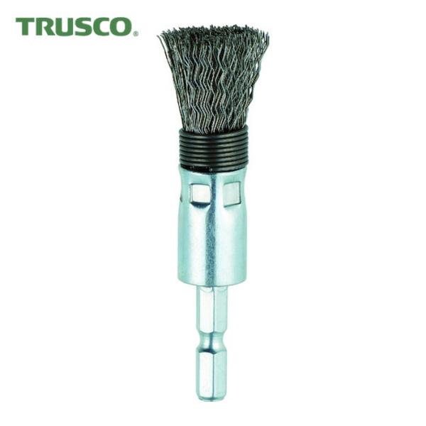 TRUSCO 軸付エンド型ブラシ|特長:六角軸タイプですので電動インパクトドリルなどで使用できます。 線材の根元部分にスプリングを取り付けているため、線材が開いても使用後に元に戻ります。 底部・コーナー部などせまい箇所の研磨に適します。