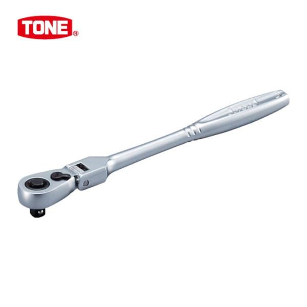 TONE ラチェットハンドル|特長:コンパクトなヘッドの首振りタイプで、手の届きにくい狭い箇所での作業に最適です。 ソケットホールド機構でワンプッシュ操作でソケット交換できます。 72枚歯で送り角度5度です。