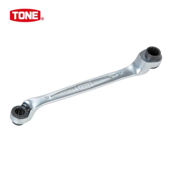 TONE ラチェットめがねレンチ|特長:切替ダイヤルを回せば右回転・左回転・固定の切替が可能です。 75°の角度でオフセットしているため障害物を避けての作業が容易です。 めがね部はツバ付でオフセットしているため座ぐり部にあるボルト・ナットに...