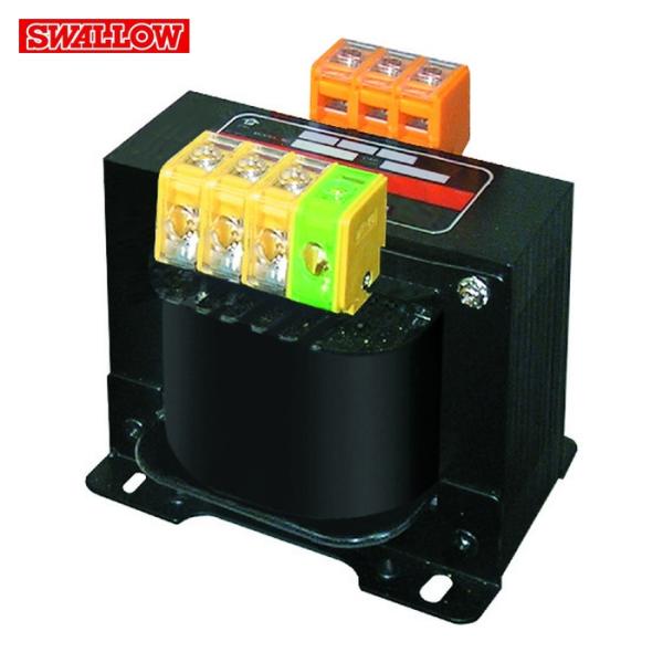 スワロー 変圧器|特長:産業用単相複巻トランスねじアップ式端子台です。 静電シールド付です。 樹脂成形ボビンの使用により、紙巻ボビンでの湿気やホコリなどによる絶縁不良などを防止できます。